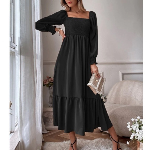 Dresses | Boho Puff Sleeve Ruffle Maxi Dress Black | Poshmark